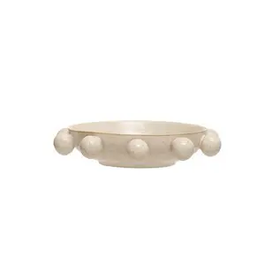 STORIED HOME 9.75 Inches Stoneware Bowl With Orbs And Reactive Glaze - Cream