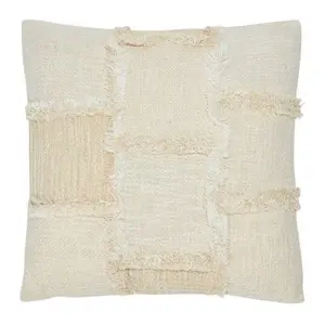 STORIED HOME Woven Cotton And Wool Patchwork Pillow With Frayed Edges - Cream