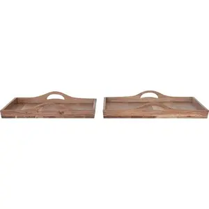 STORIED HOME Square Acacia Wood Trays With Handles - Natural