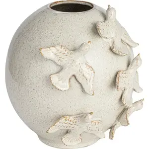 STORIED HOME Stoneware Vase With Birds And Reactive Glaze - Cream