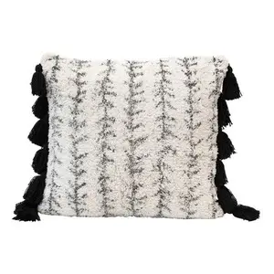 STORIED HOME Cotton Printed Tufted Pillow With Tassels - Black