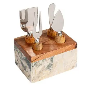 STORIED HOME Marble Cheese Server Set With Mango Wood Stand - Black