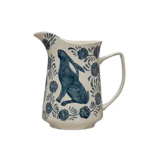 STORIED HOME Stoneware Pitcher With Painted Rabbit And Florals - Blue