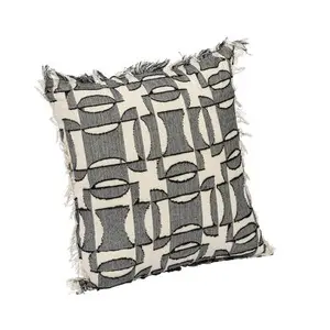 STORIED HOME 18 Inches Square Woven Cotton Pillow With Geometric Pattern, Chambray Back And Fringe - Black