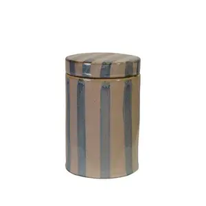 STORIED HOME Round Stoneware Striped Jar With Lid - Blue