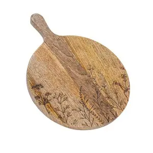 STORIED HOME Mango Wood Cheese Board With Laser Etched Flowers - Natural