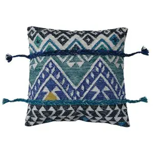 STORIED HOME Global Wool And Cotton Throw Pillow With Ikat Pattern And Tassels - Blue