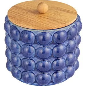 STORIED HOME Stoneware Canister With Raised Dots And Wood Lid And Reactive Glaze - Blue