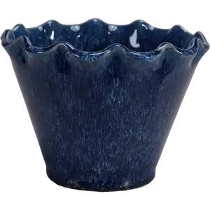 STORIED HOME Stoneware Planter With Ruffled Edge And Drainage Hole With Reactive Glaze - Blue