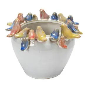 STORIED HOME Decorative Stoneware Planter With Birds On Rim And Reactive Glaze - Cream