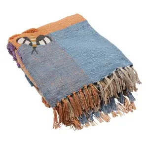 STORIED HOME Woven Fabric Plaid Throw With Tufting, Embroidery, Flowers And Insects - Blue