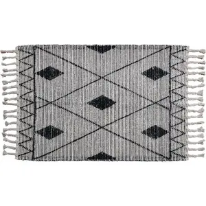 STORIED HOME Scandinavian Handwoven Cotton Rug With Geometric Pattern And Fringe - Black
