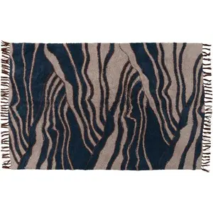STORIED HOME Cotton Tufted Rug With Wave Design And Fringe - Blue