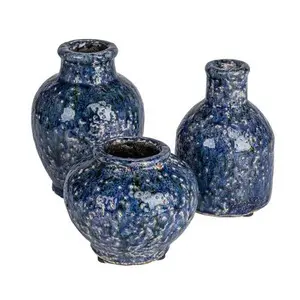STORIED HOME Decorative Terra-cotta Vases With Crackle Glaze, Navy - Blue