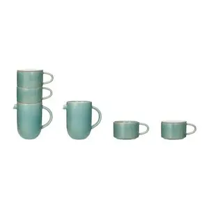 STORIED HOME Round Stoneware Pitcher With Stackable Mugs And Lid - Blue