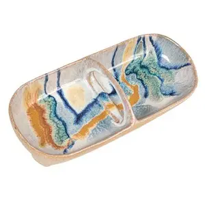 STORIED HOME Abstract Line Stoneware Server - Blue