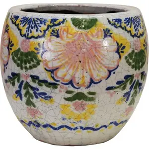 STORIED HOME Terra-cotta Planter With Floral Pattern, Crackle Glaze - Blue