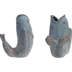 STORIED HOME Stoneware Fish Shaped Vase With Reactive Glaze - Blue