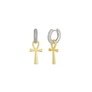 SPERO LONDON Sterling Silver Egyptian Ankh Zirconia Hoop Earrings - Gold