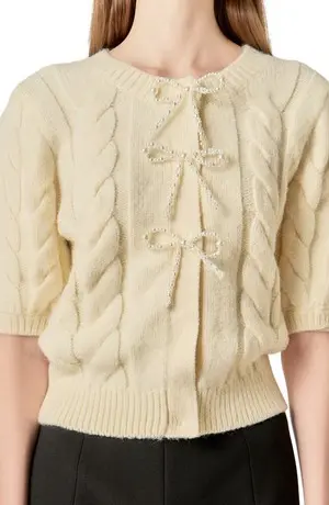 English Factory Bow-detailed Cable Stitch Cardigan