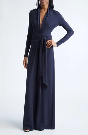 Michael Kors Plunge Neck Tie Waist Palazzo Jumpsuit - Midnight