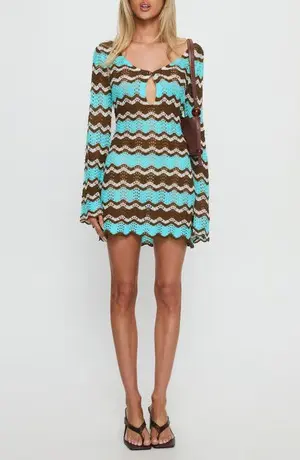 Princess Polly Open Stitch Long Sleeve Minidress - Brown/blue