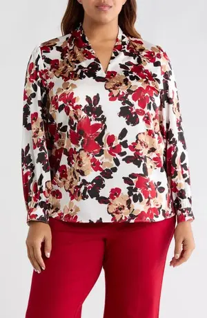 KASPER Floral Print Pleated Shoulder Top