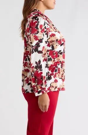 KASPER Floral Print Pleated Shoulder Top