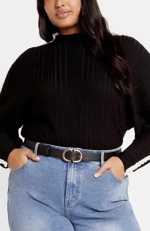 City Chic Funnel Neck Striped Sleeve Sweater - Black