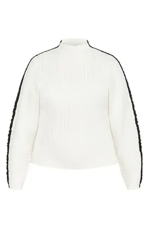 City Chic Funnel Neck Striped Sleeve Sweater - Ivory