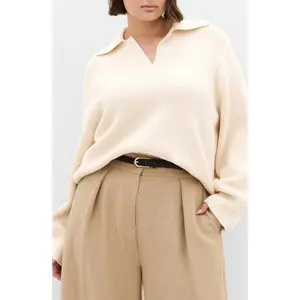 City Chic Ribbed Spread Collar Sweater - Cream
