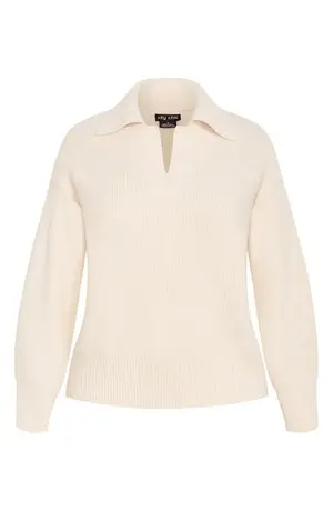 City Chic Ribbed Spread Collar Sweater - Cream
