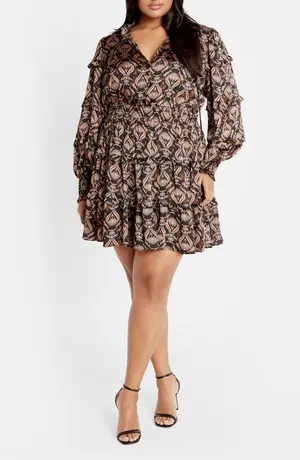City Chic Mira Ruffle Long Sleeve Mini Dress - Print