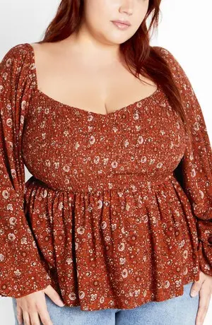 City Chic Monroe Smocked Top - Spice Ditsy