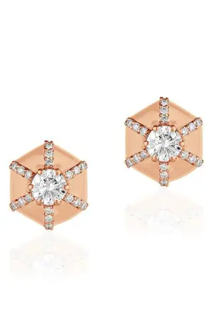 Goshwara Queen Hexagon Stud Earrings With Pave Diamonds - Clear