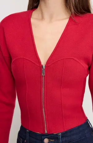 Good American Zip Front Fitted Bustier Sweater - Ruby