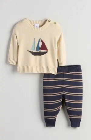Nordstrom Icon Jacquard Sweater & Joggers Set - Beige Swan Ship- Navy Brown