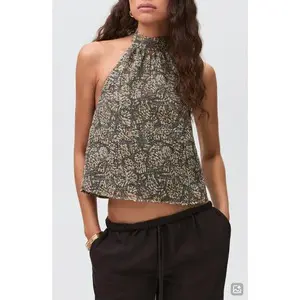 Mango Printed Halter Crop Top - Ecru