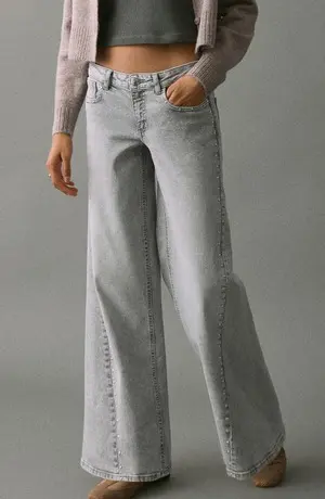 Mango Studded Wide Leg Jeans - Light Denim Grey
