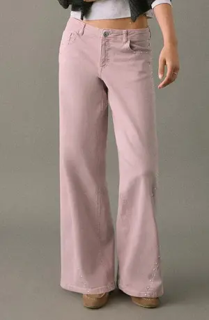 Mango Studded Wide Leg Jeans - Pale Pink