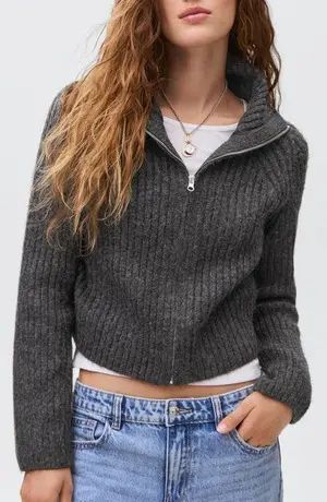Mango Quarter Zip Ribbed Sweater - Dark Heather Grey