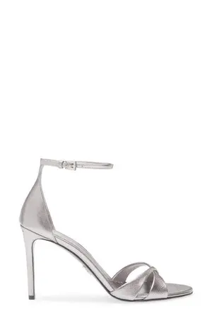 Prada Saffiano Metallic Leather Ankle Strap Sandal - Cromo