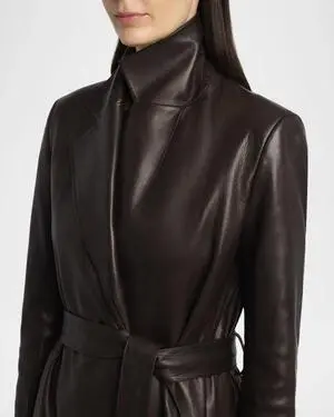THE ROW Raisa Belted Leather Wrap Coat - Coffee