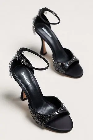 Lola Cruz Sequin Ankle Strap Heels - Black