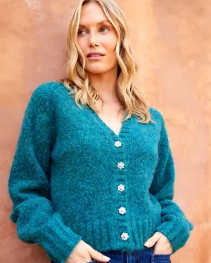 Karen Kane Pearl Button Cardigan Sweater - Teal