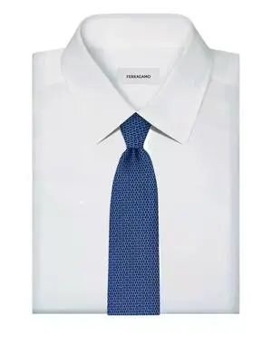 FERRAGAMO Gancini Print Silk Neck Tie - Blue