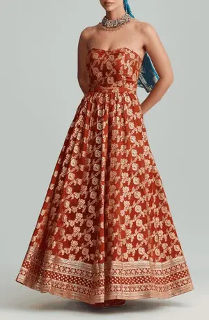 HOLICHIC Amber Metallic Embroidery Strapless Gown - Rust