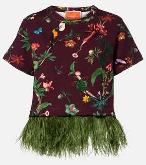 La DoubleJ La Scala Feather-trimmed T-shirt - Burgundy