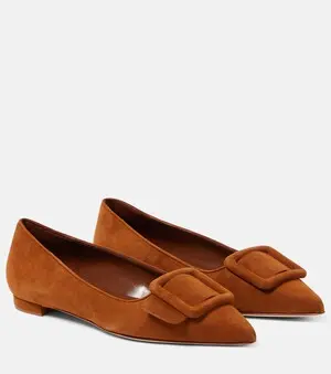 Manolo Blahnik Maysale Suede Pointed Toe Ballet Flats - Brown