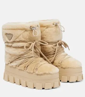 Prada Shearling And Leather Boots - Beige